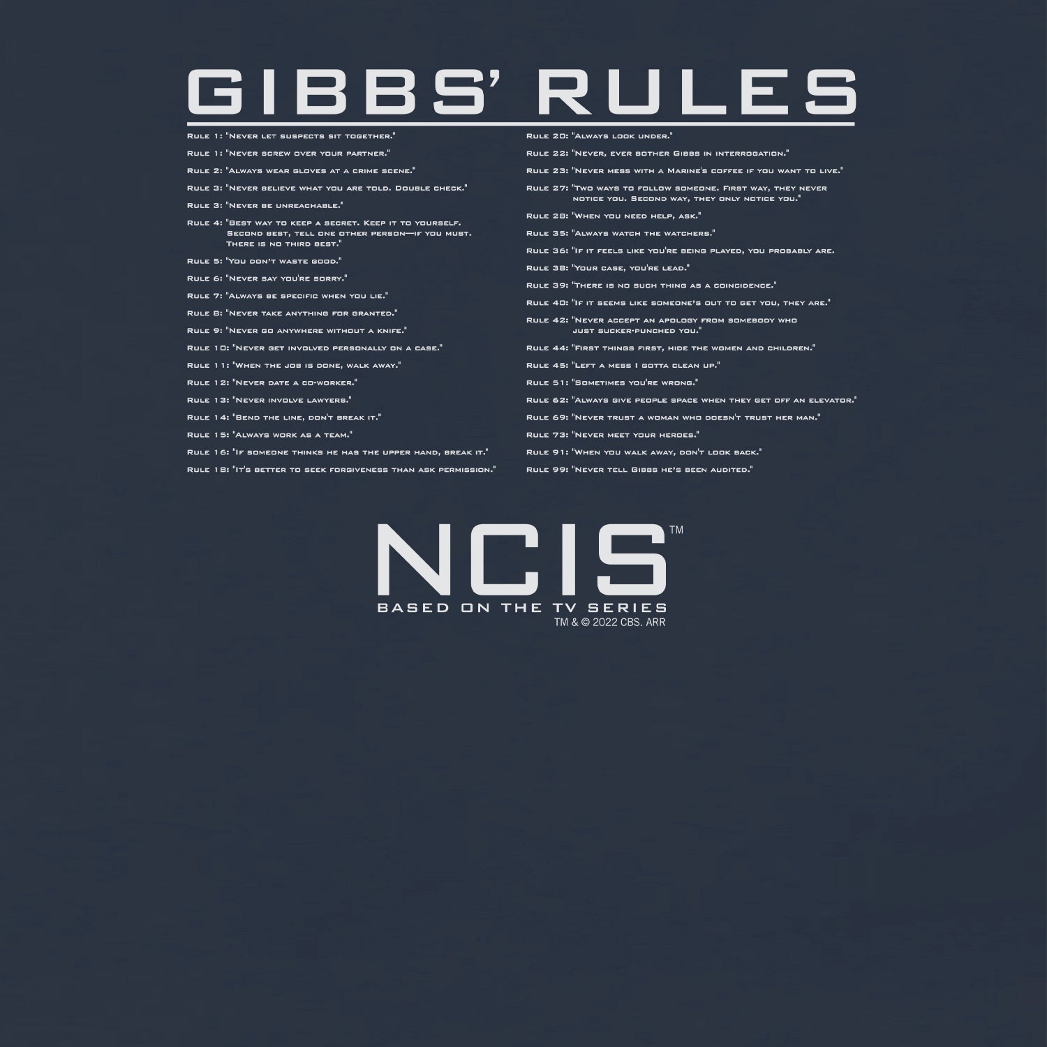 NCIS Gibbs Rules Adult Short Sleeve T-Shirt – Paramount Shop